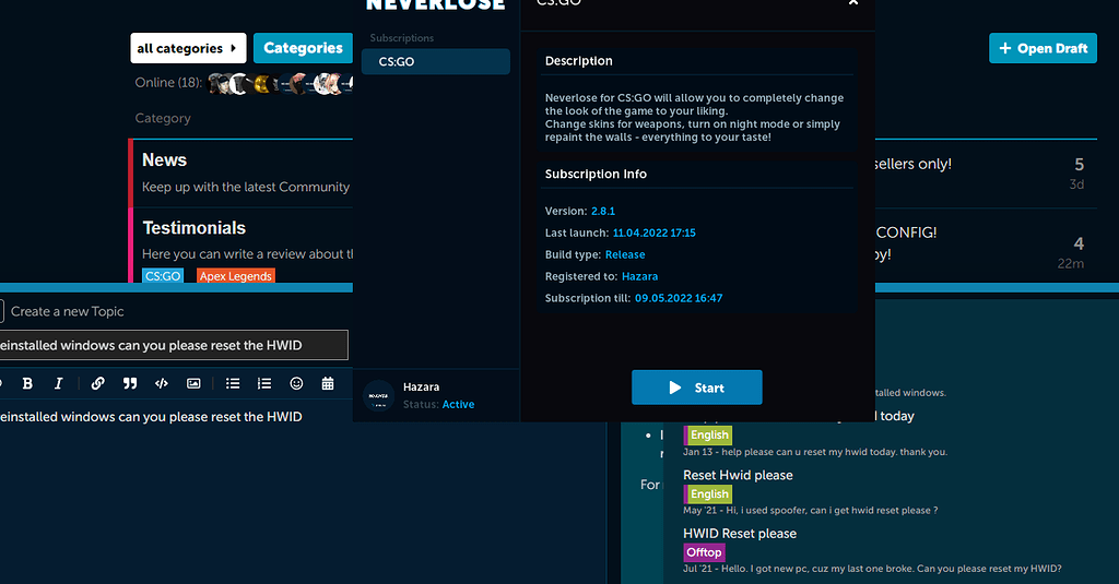 I reinstalled windows can you please reset the HWID - CS:GO - NeverLose ...